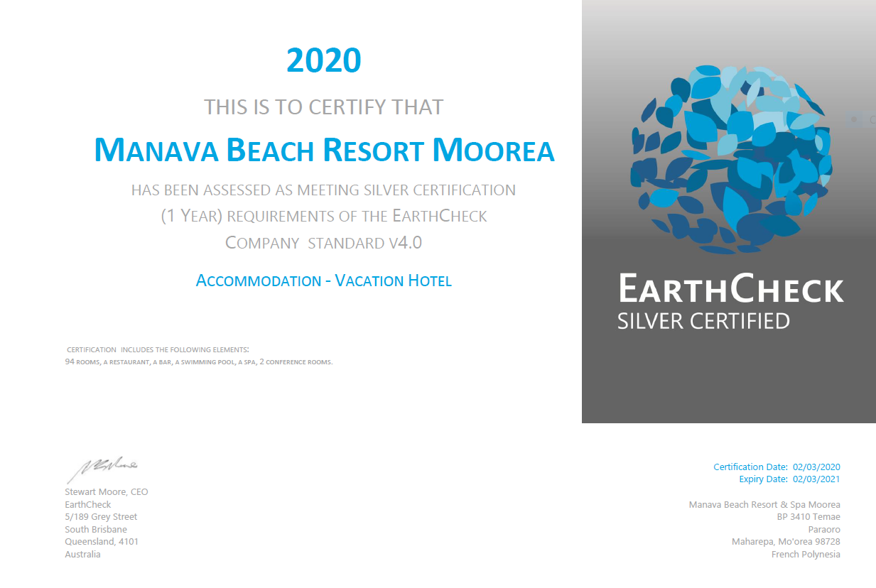 Certification EarthCheck Silver | Manava Moorea Resort